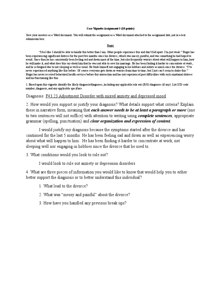 Case Vignette Assignment 5 | Mental Disorder | Anxiety