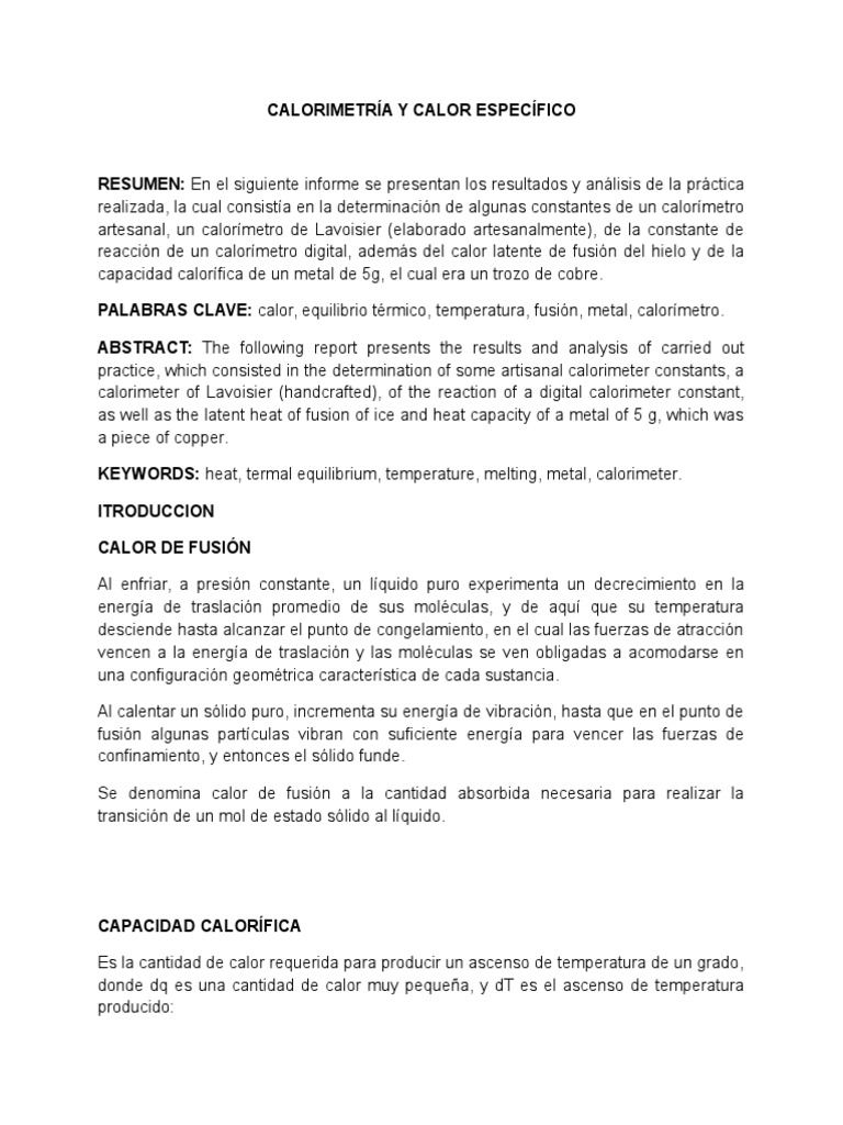 Calorimetría: Calor Específico y Fusión | PDF | Calor | Equilibrio químico