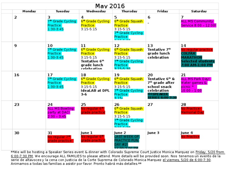 May 2016 Middle School Activities Schedule | PDF
