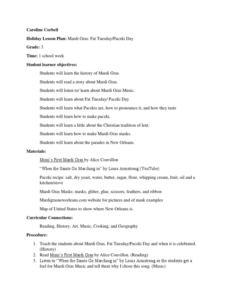 Mardi Gras Lesson Plan | PDF | Mardi Gras | When The Saints Go Marching In