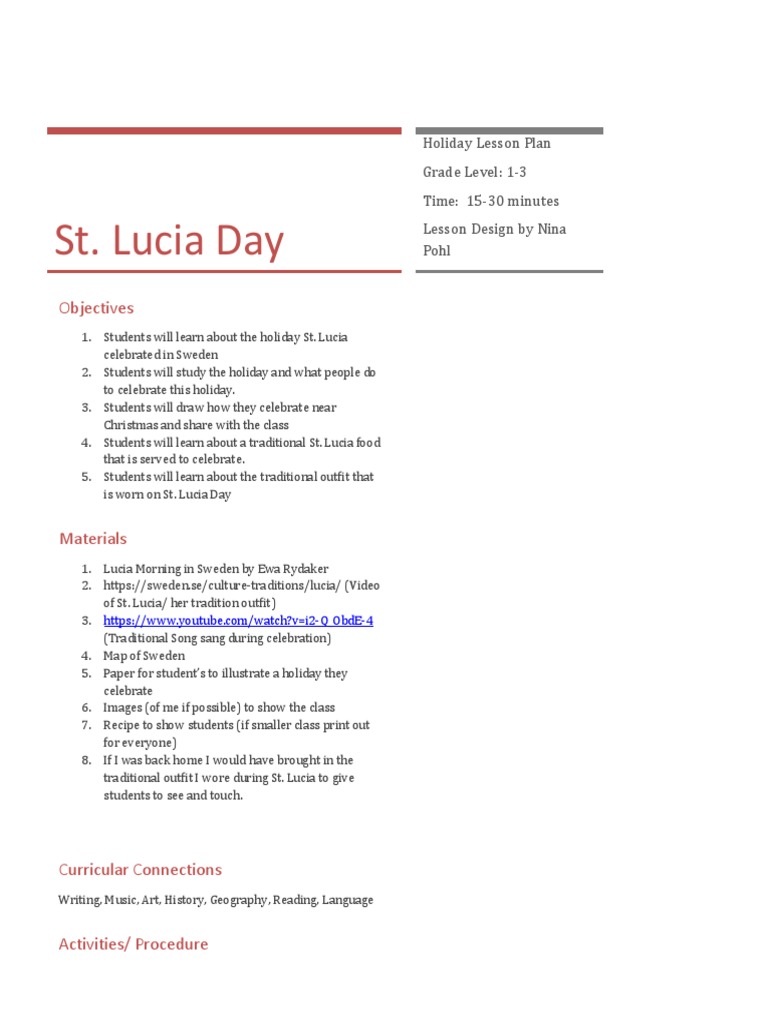 ST Lucia Day Lesson Plan | PDF | Lesson Plan | Christmas
