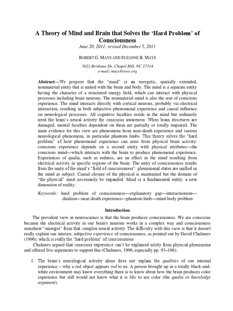 A Theory of Mind and Brain That Solves The Hard Problem' of Consciousness | PDF | Consciousness ...