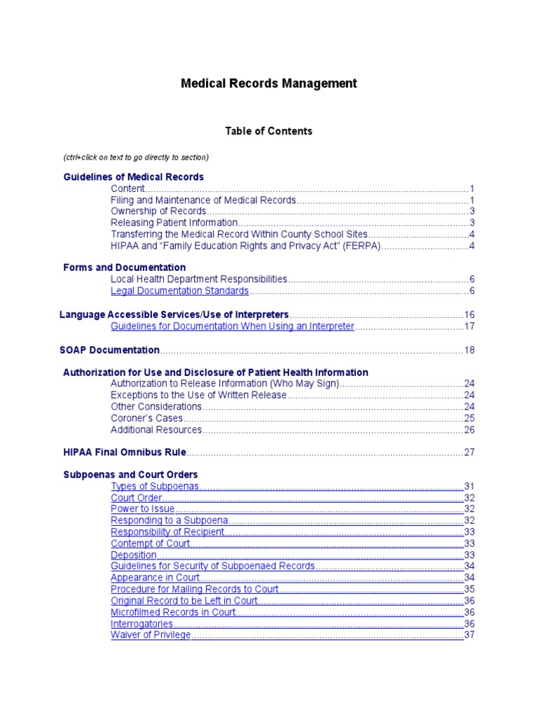 Medical Records Management: (Ctrl+click On Text To Go Directly To ...