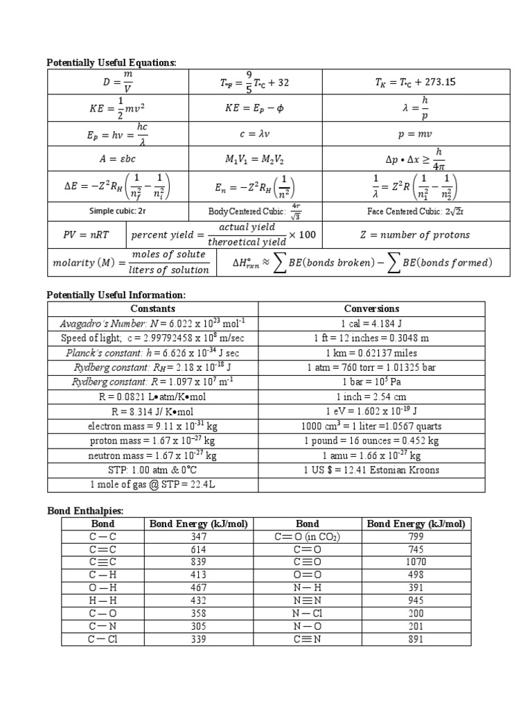 Chem Equation Sheet | PDF