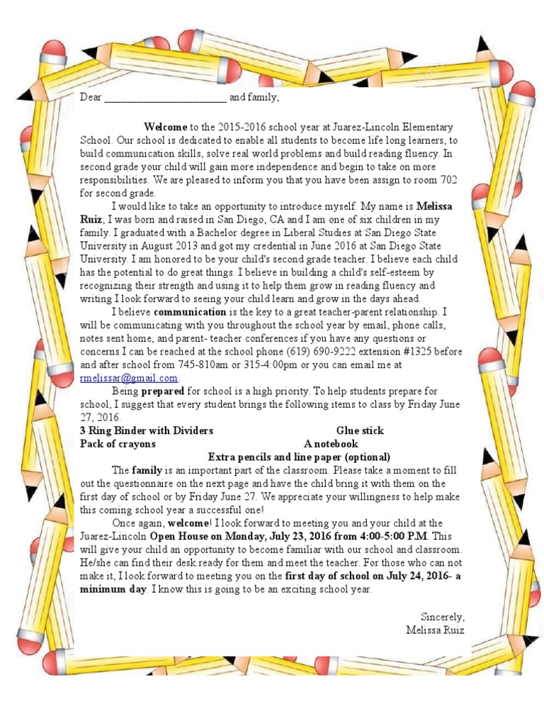 Welcome Letter for 2nd Grade Parents | PDF | Career & Growth | Wellness