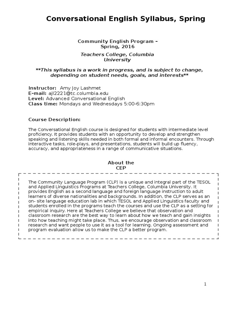 Advanced Conversational English Syllabus | PDF | English As A Second Or ...