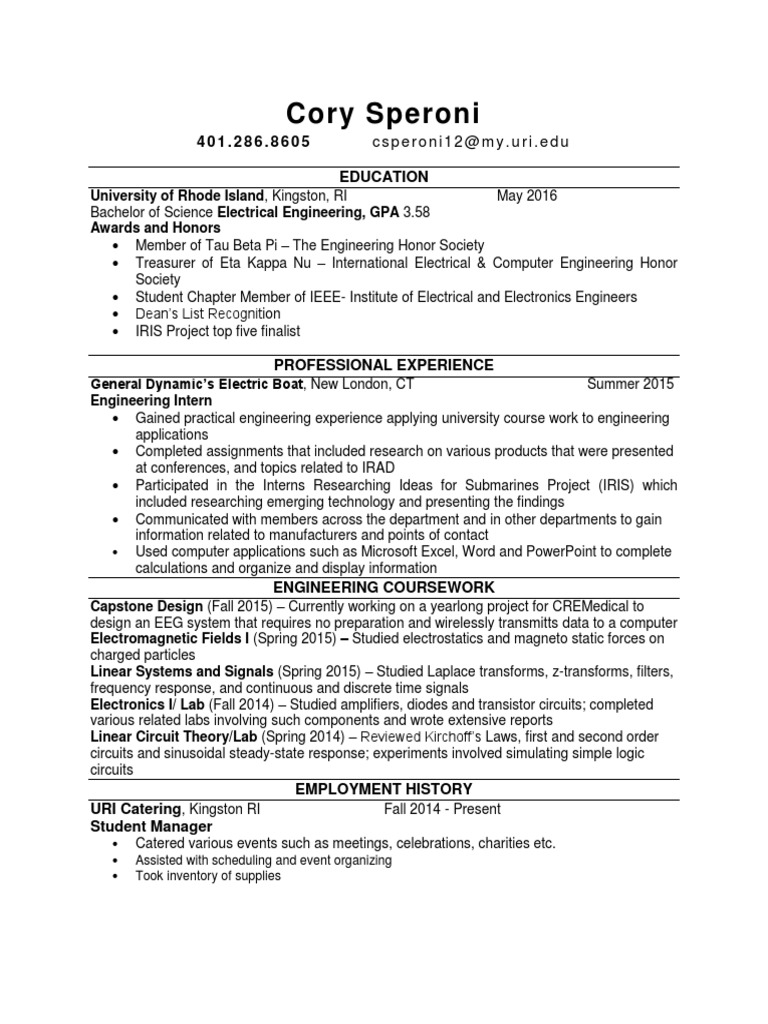 Cory Speroni's Engineering Resume | PDF | Science & Mathematics ...