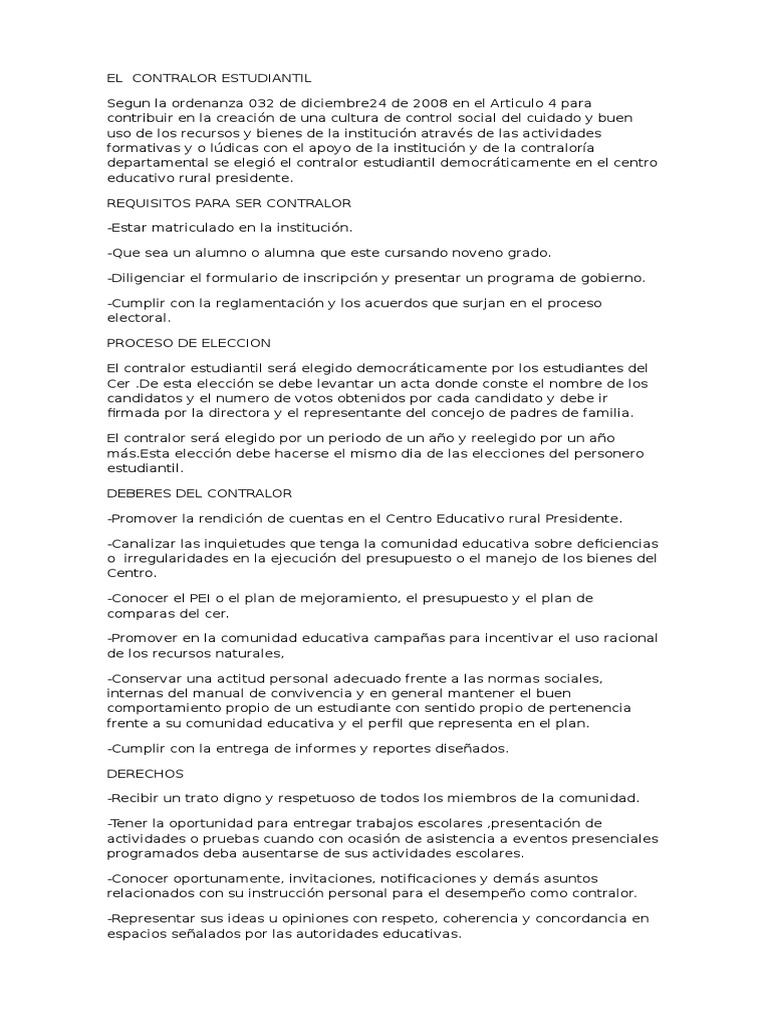 Elección y Funciones del Contralor Estudiantil | PDF | Gobierno ...