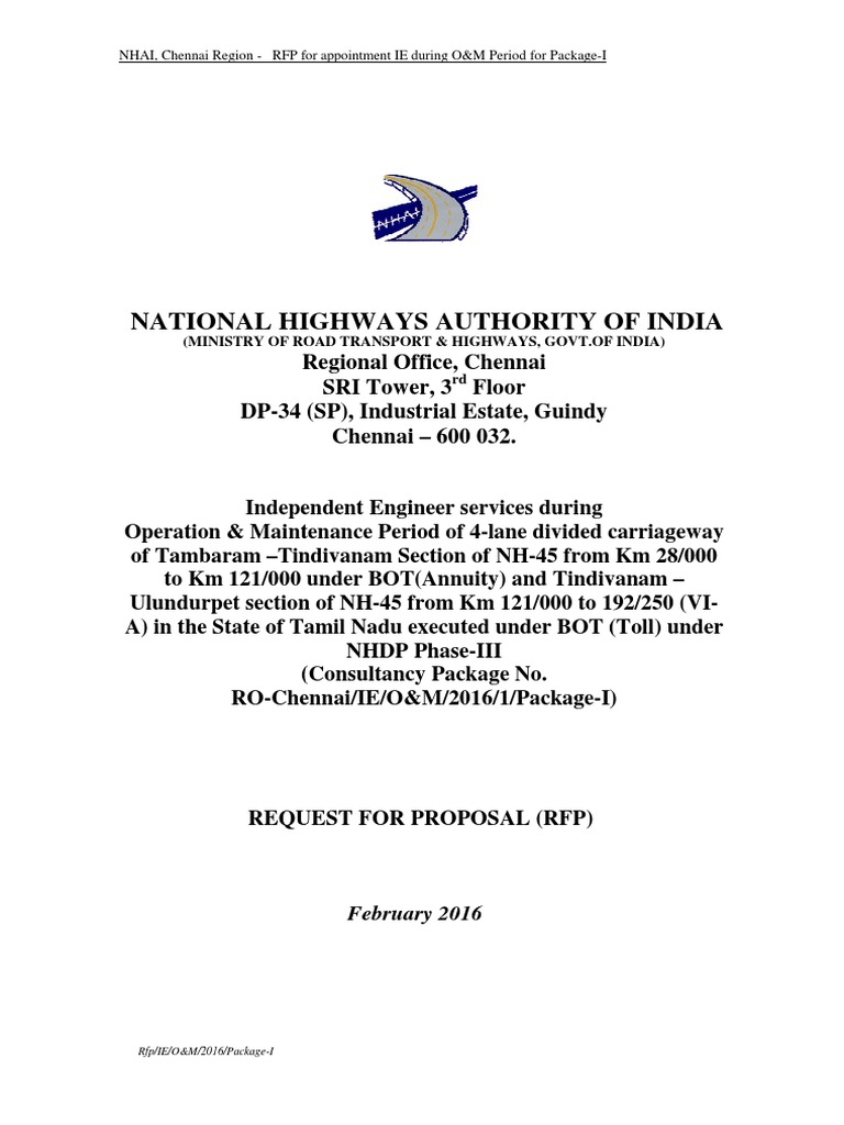01 - RFP - Nhai Ie O&m Pkg-I TT | PDF | Request For Proposal | Accountant