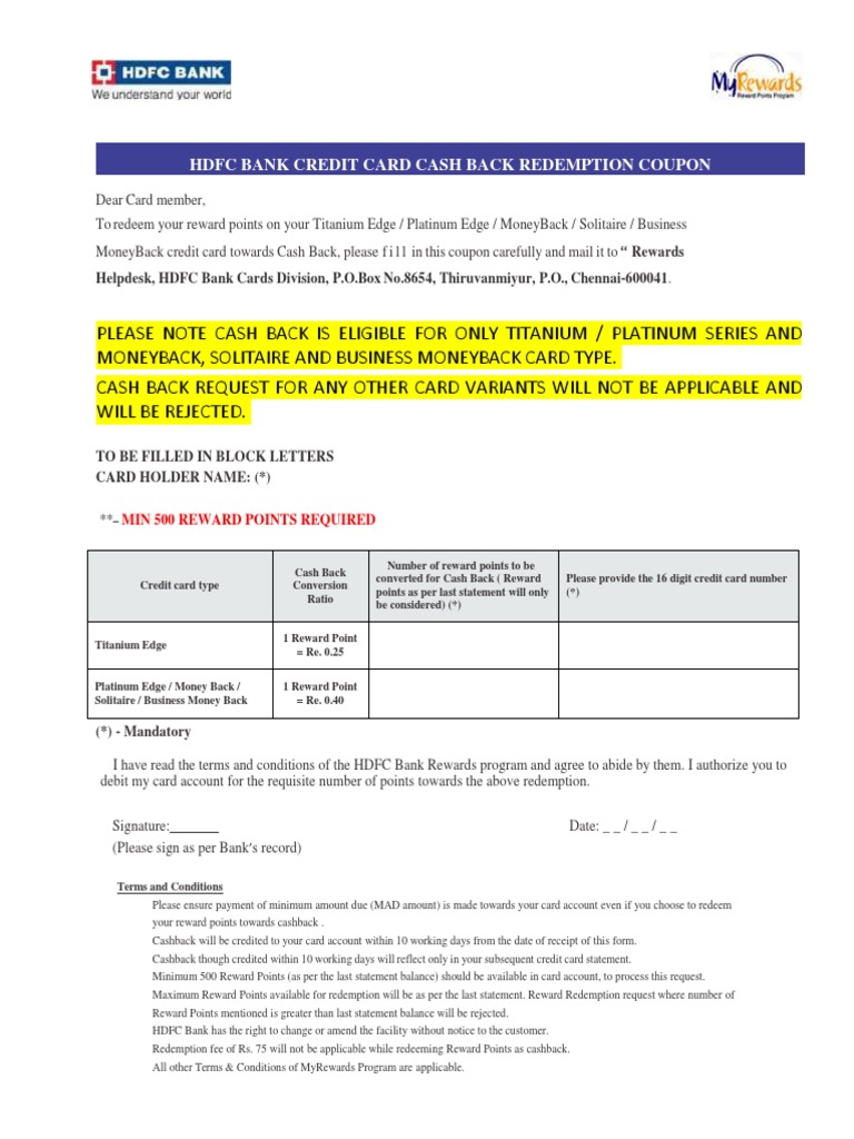 HDFC Credit Card Cashback Redemption Form | PDF