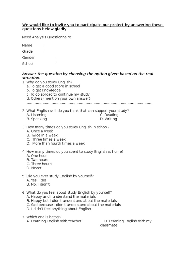 English Learning Needs Questionnaire | PDF | Language Arts & Discipline ...