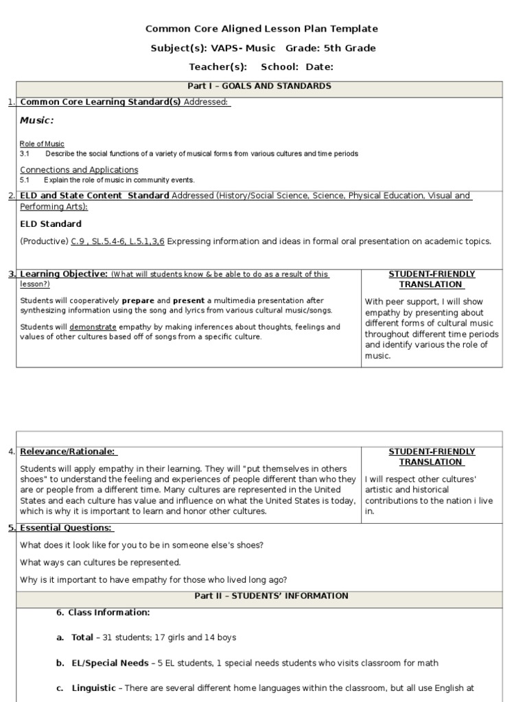 Common Core Aligned Lesson Plan Template Subject(s) : VAPS-Music Grade ...