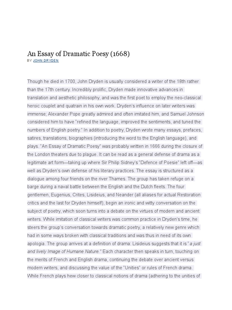 Summary of Dryden's Dramatic Poesy | PDF | John Dryden | Poetry