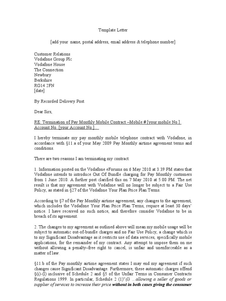 Vodafone Letter of Termination 1 1 | PDF | Business Law | Private Law