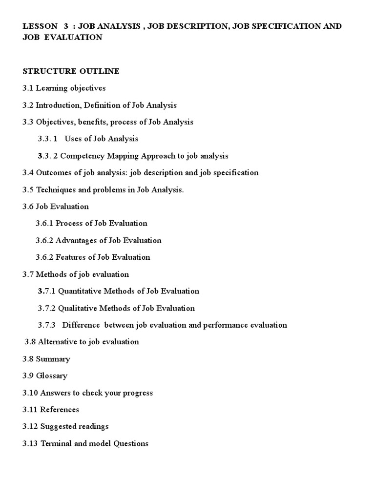 Job Analysis, Description, Specification and Evaluation Guide | PDF ...