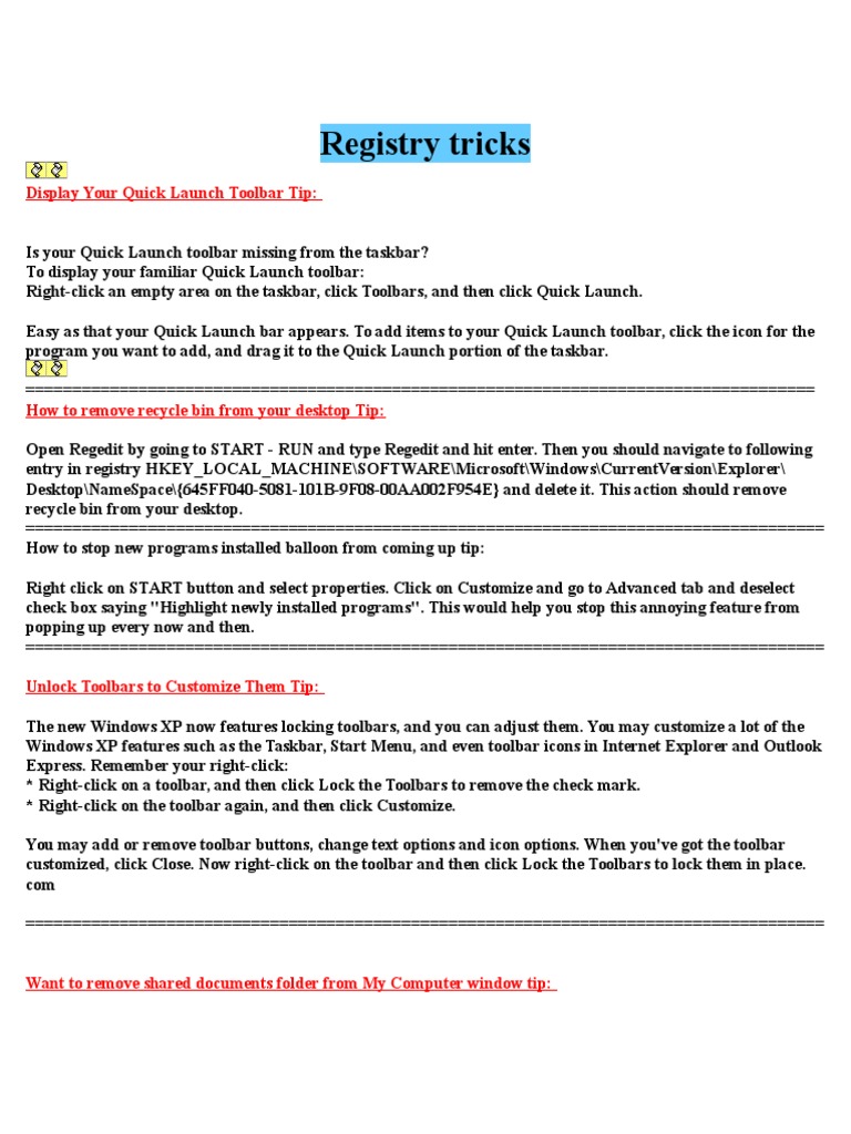 Registry Tricks | PDF | Windows Registry | Microsoft Windows