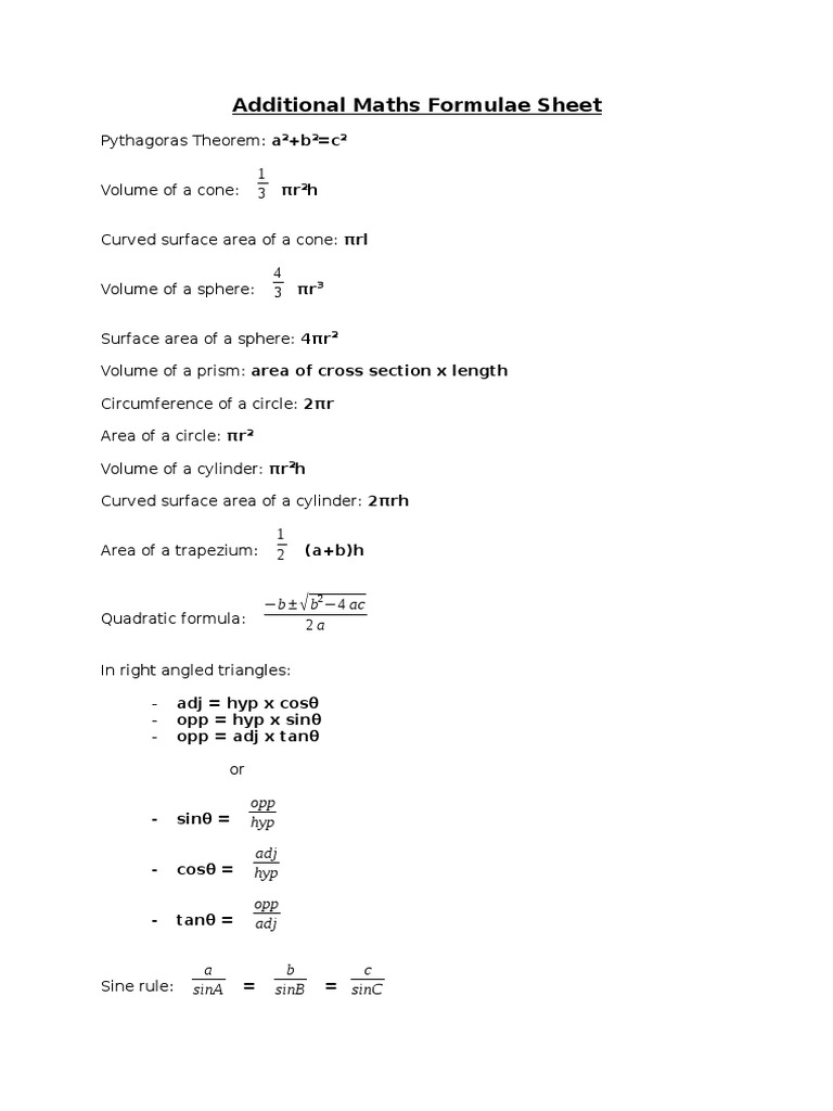 Additional Maths Formulae Sheet | PDF
