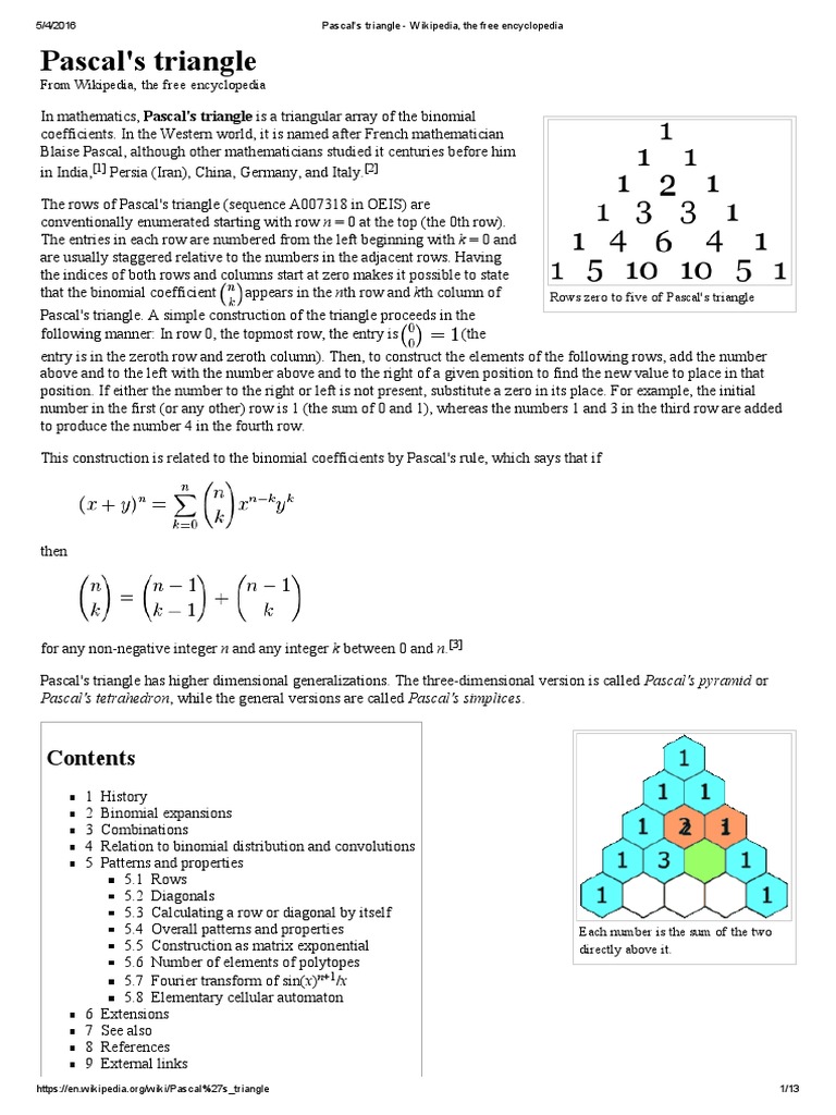Pascal's Triangle - Wikipedia, The Free Encyclopedia PDF | PDF ...