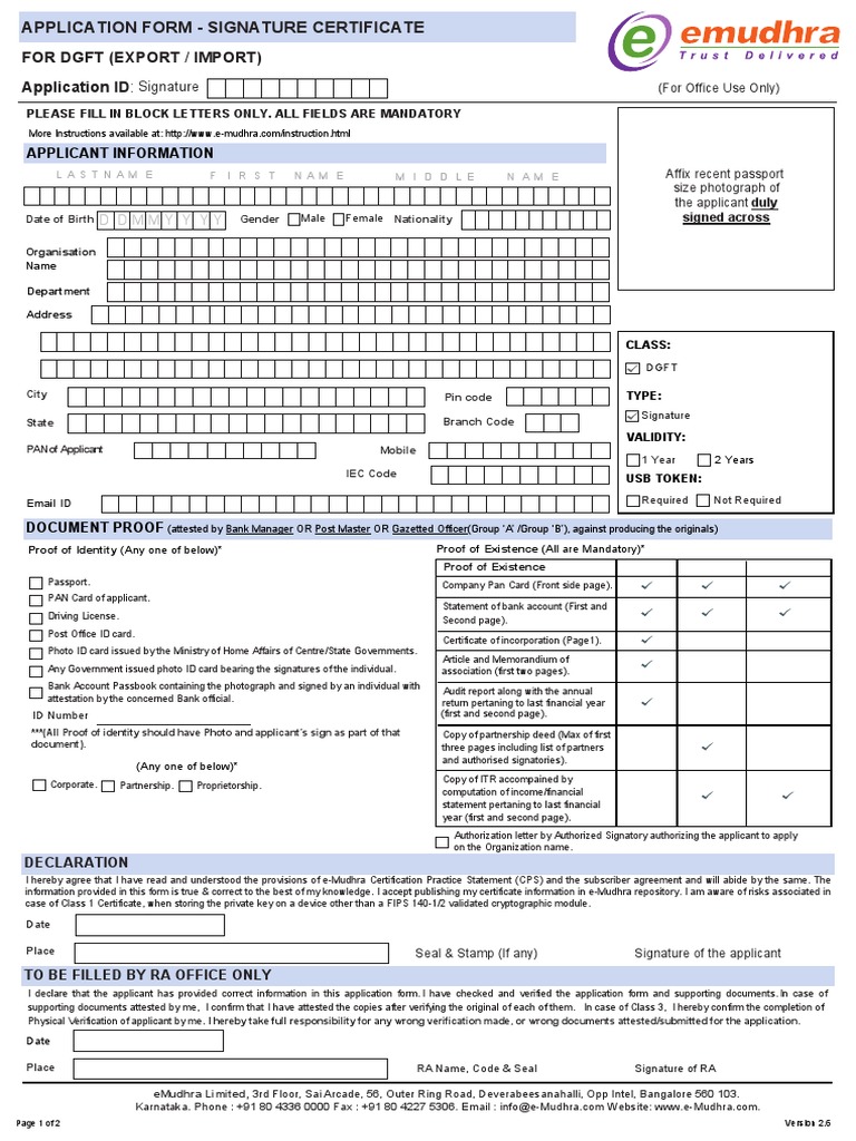 Application for a DGFT Digital Signature Certificate | PDF | Identity Document | Official Documents