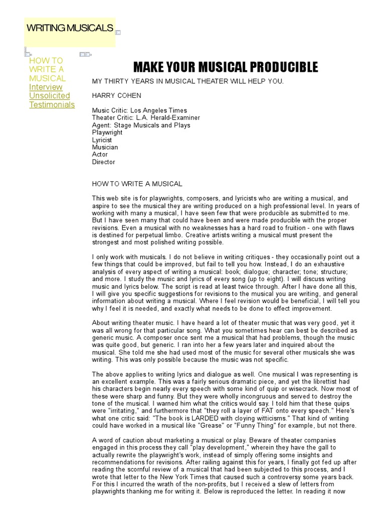 Musicals Consultant - How To Write A Musical | PDF | Screenplay ...