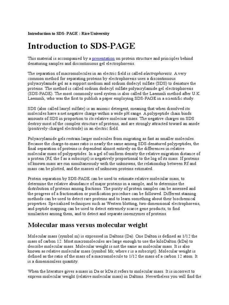 Introduction To SDS PAGE | PDF | Polyacrylamide Gel Electrophoresis ...