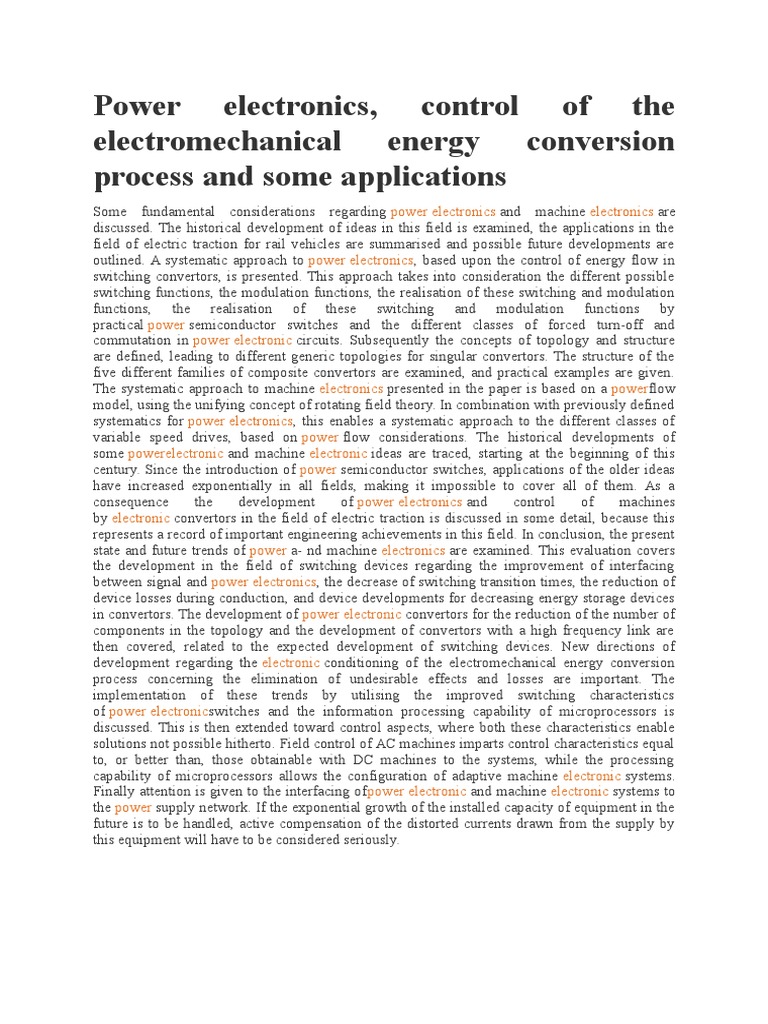 Power Electronics, Control of The Electromechanical Energy Conversion ...