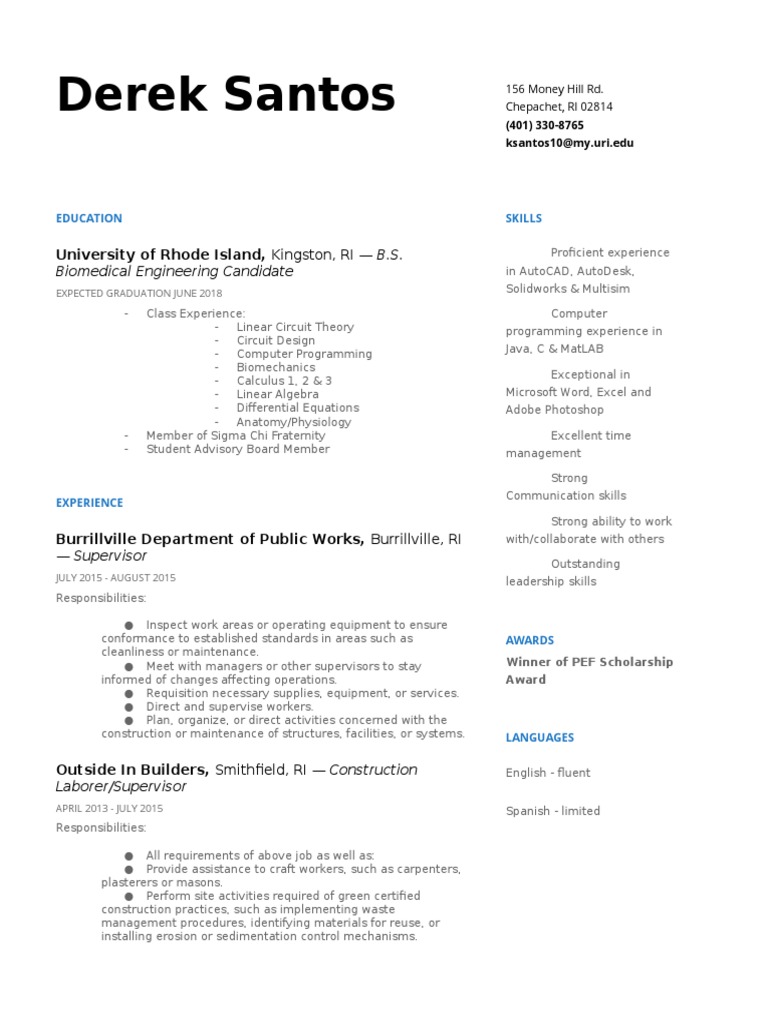 Derek Santos - Biomedical Engineering Resume | PDF | Business ...