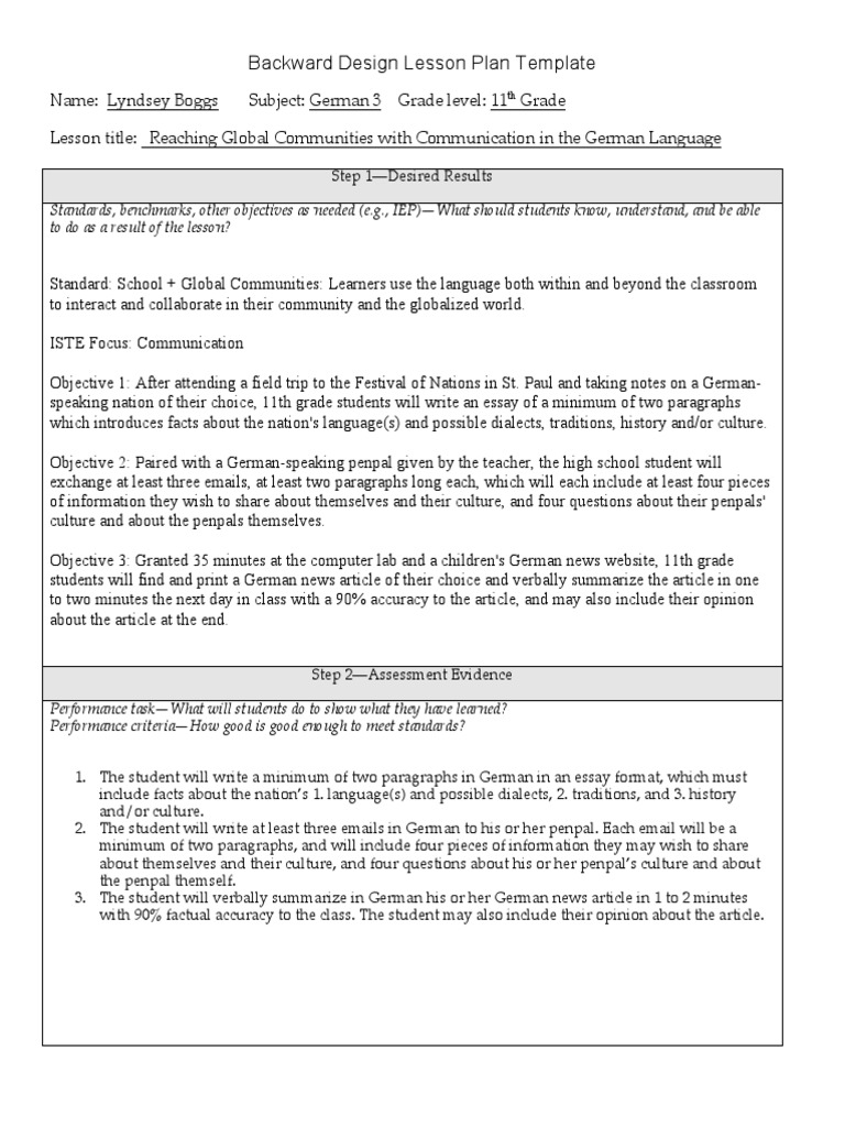 Backward Design Lesson Plan | PDF | Lesson Plan | German Language