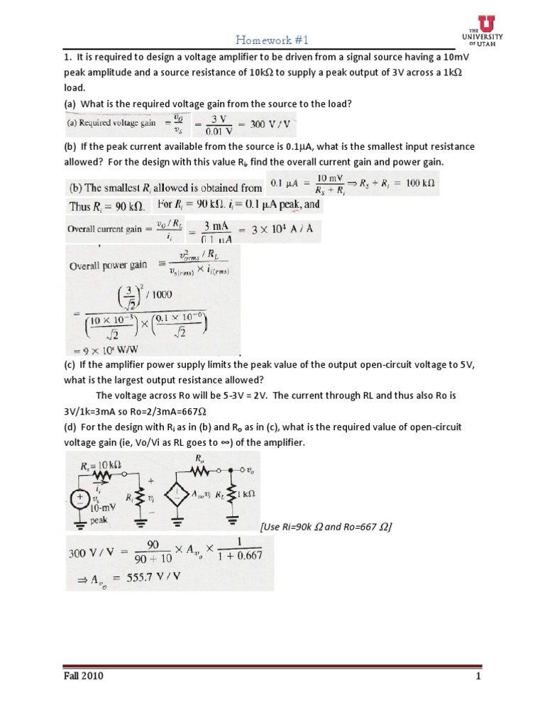 ECE3110Fa10 HW1sol | PDF | Amplifier | Transistor
