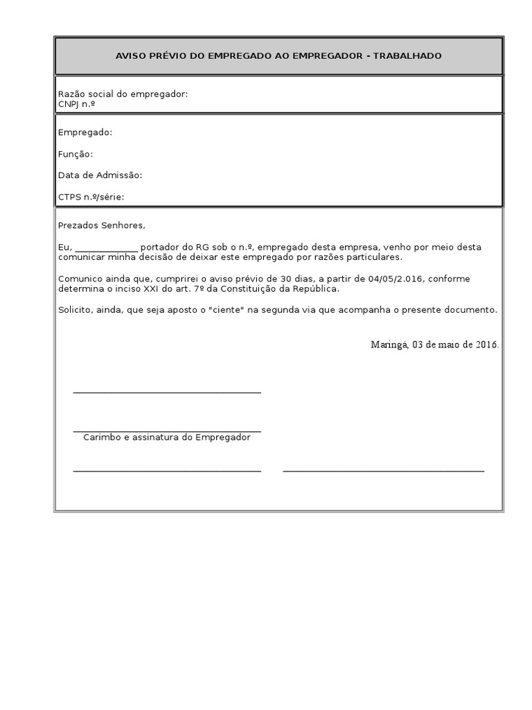 Modelo Aviso Previo Empregado Para Empregador Pdf