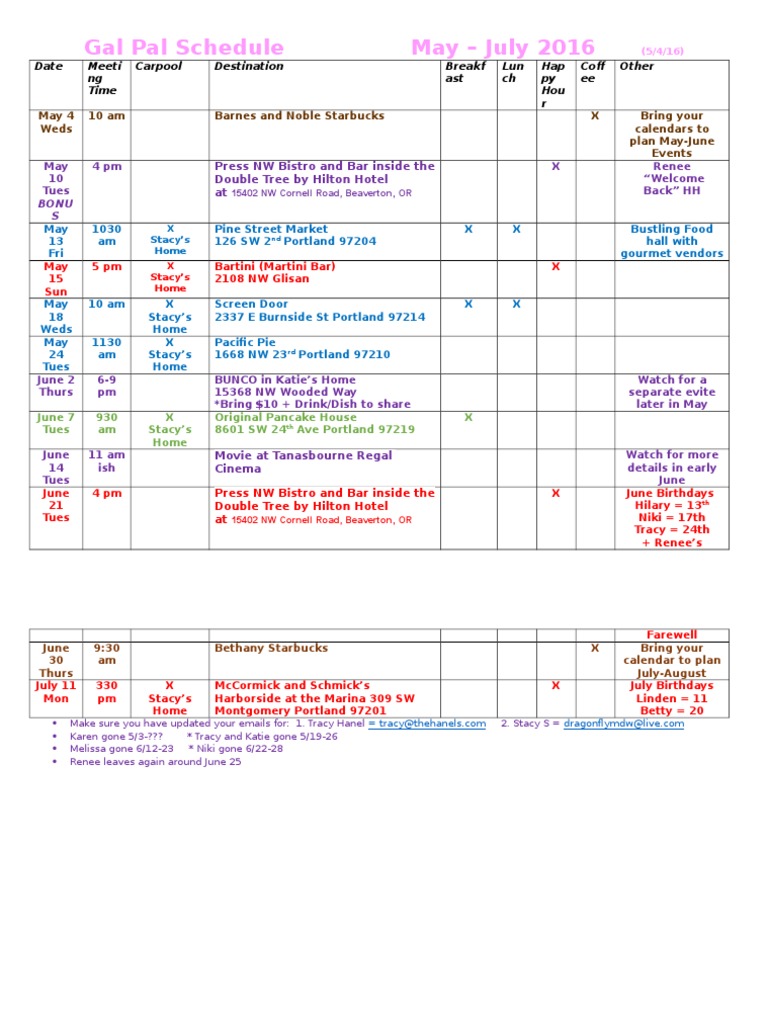 Gal Pal Schedule May 2016 | PDF | Cooking, Food & Wine