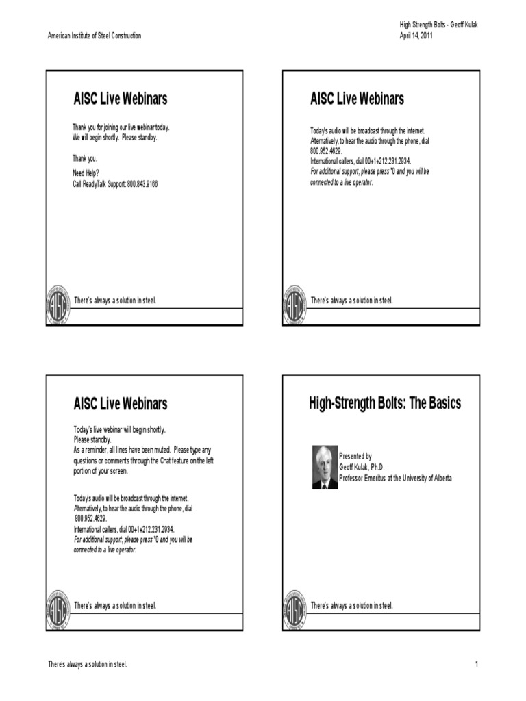 AISC High Strength Bolts Webinar | PDF | Strength Of Materials | Screw