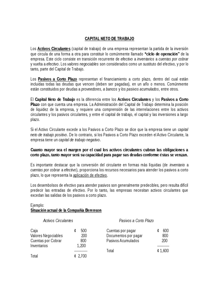 Capital Neto De Trabajo Pdf