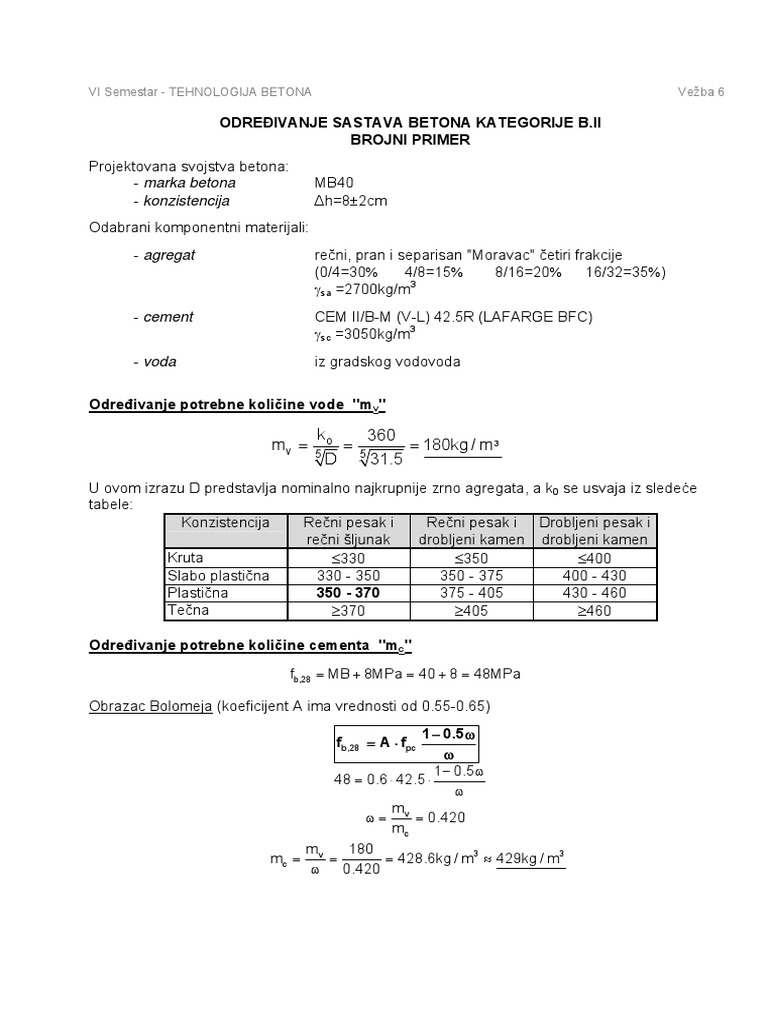 Tehnologija Betona - Vezba 6 - Odredjivanje Sastava Betona - Zadaci | PDF