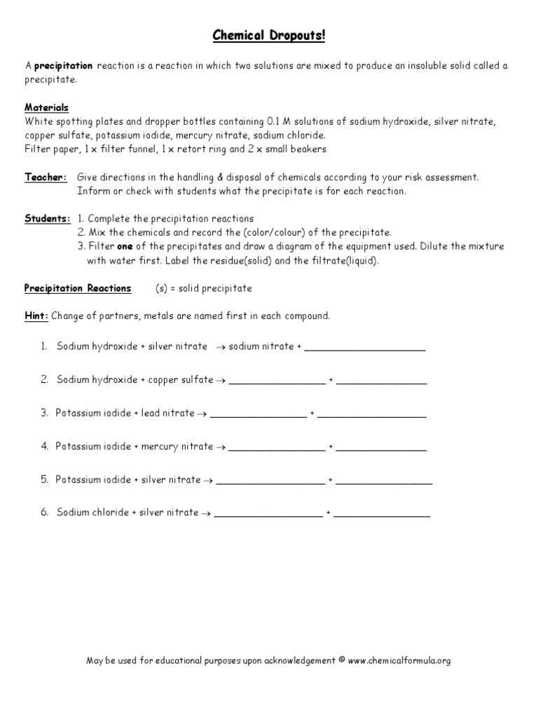 Precipitation Reactions Worksheet | PDF | Precipitation (Chemistry ...