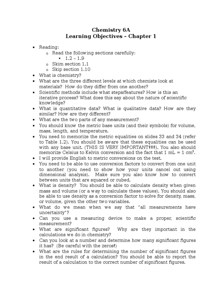 Chemistry 6A Learning Objectives - Chapter 1 | PDF