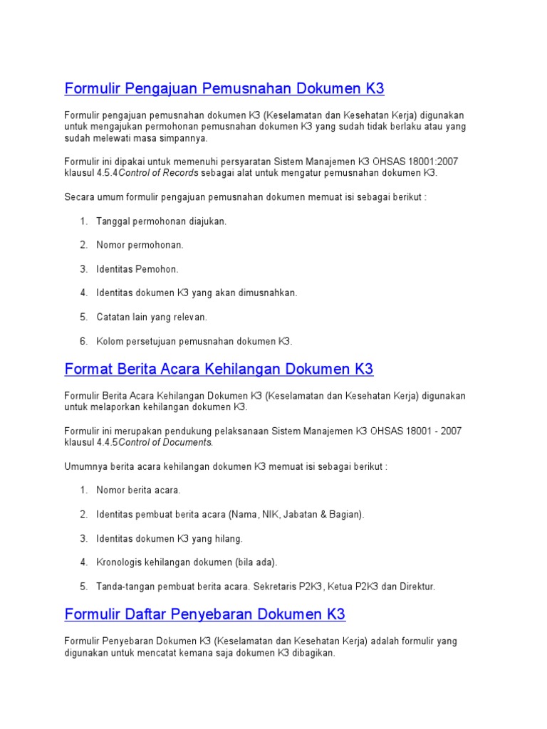 Formulir K3 untuk Pemusnahan dan Revisi | PDF | Bisnis | Teknologi ...