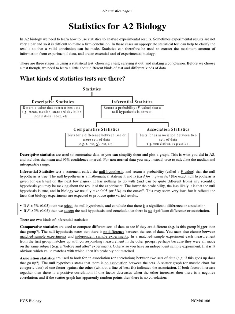 A2 Biology Statistical Tests Guide | PDF | P Value | Statistical ...