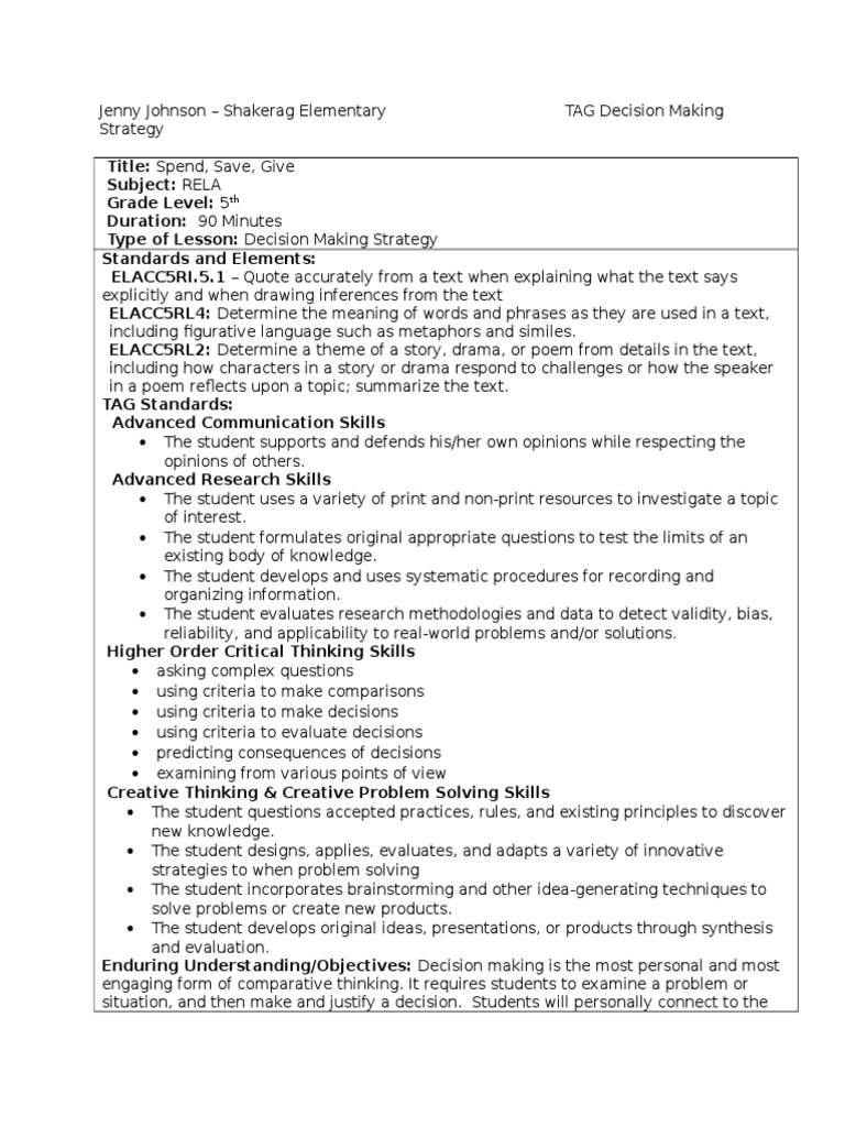 Decision Making Lesson Plan | PDF | Strategic Management | Evaluation