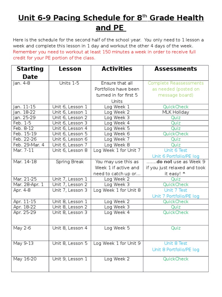 Unit 6-9 Pacing Schedule For 8 Grade Health and PE: Starting Date ...