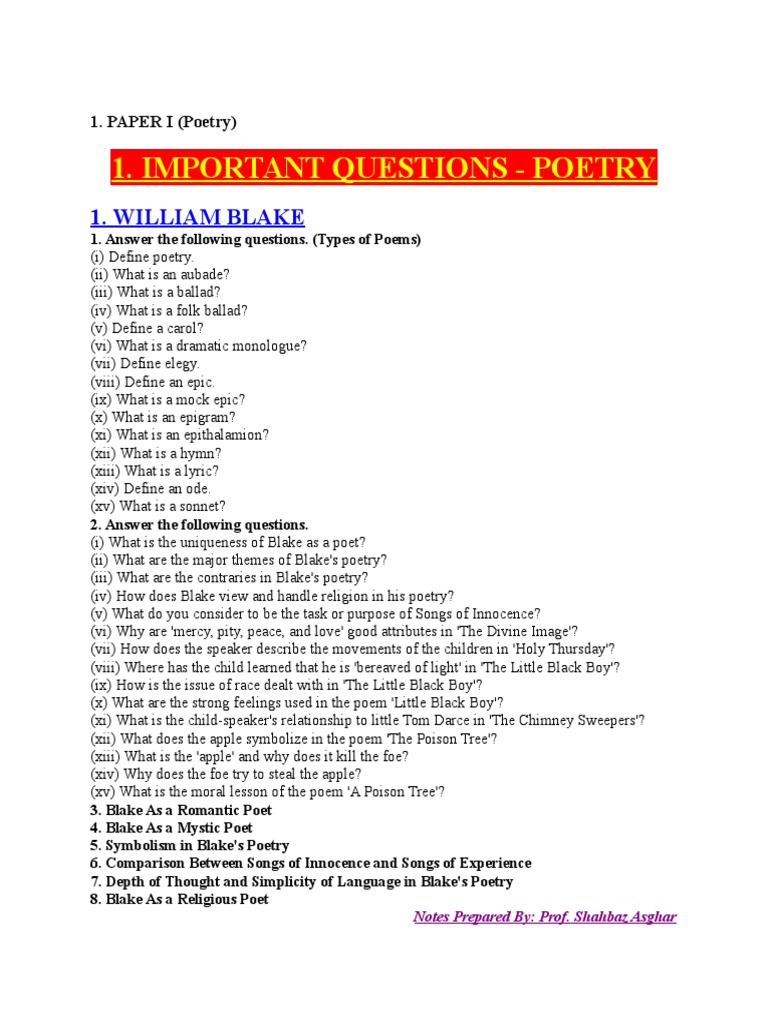 Important Questions Poetry | PDF | Poetic Form | Poetry