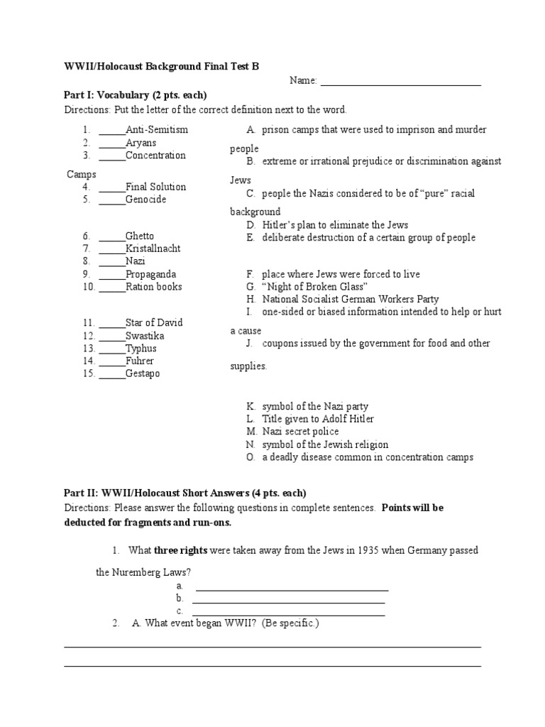 WWII Holocaust Vocabulary Test | PDF