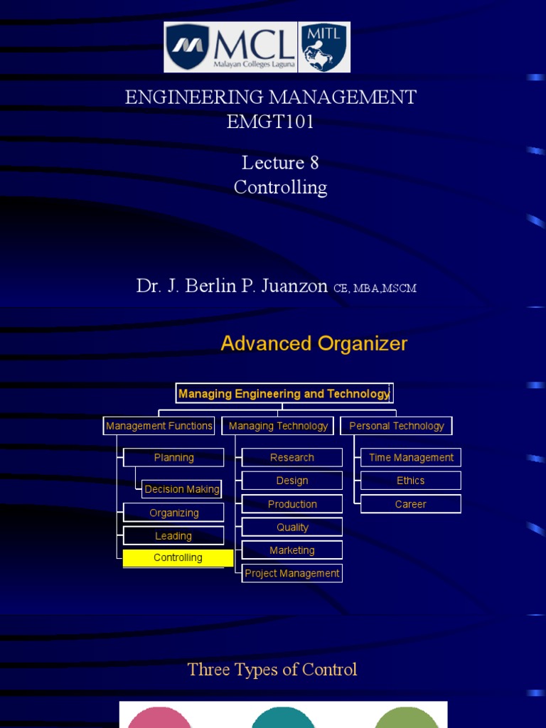 Engineering Management EMGT101 Controlling: Ce, Mba, MSCM | PDF | Top ...