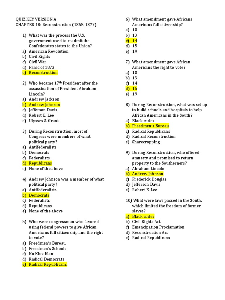 Reconstruction Era Quiz Key | PDF | Reconstruction Era | Andrew Johnson