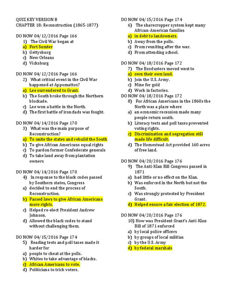 Reconstruction Era Quiz Key | PDF | Reconstruction Era | Andrew Johnson