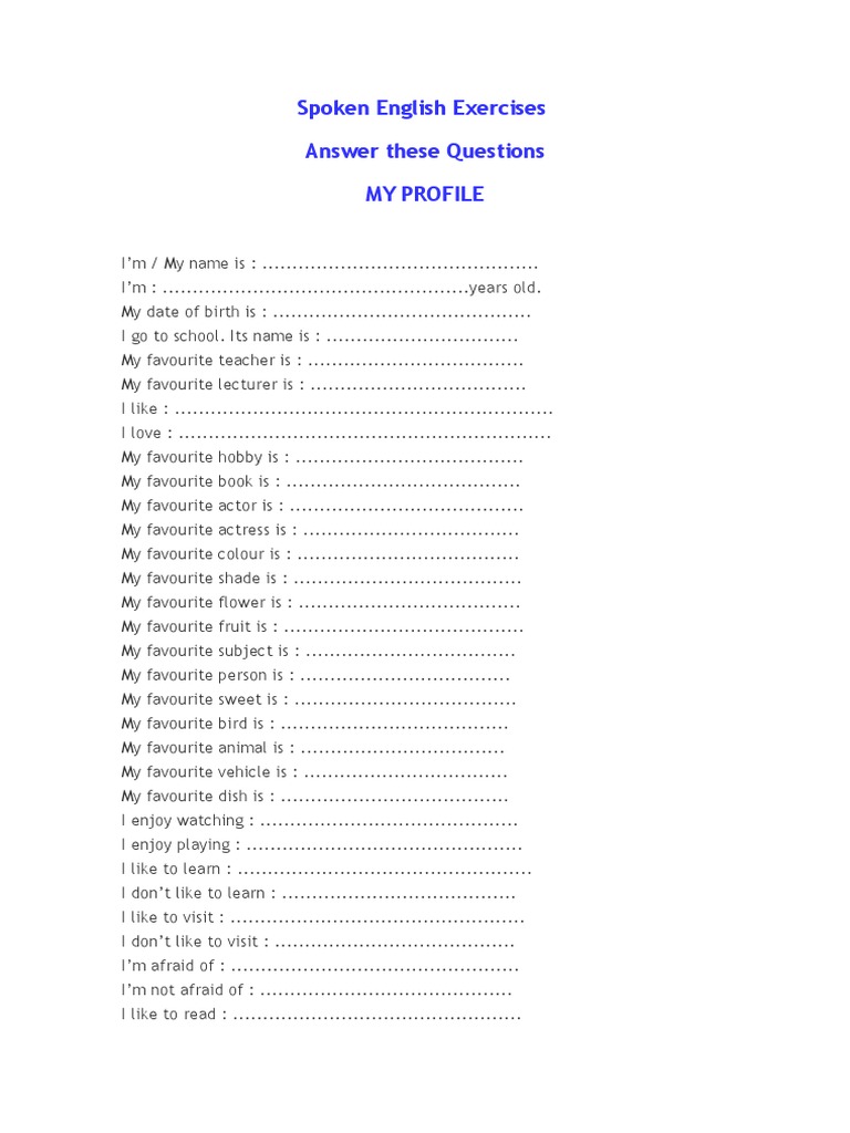 Spoken English Exercises Answer These Questions My Profile | PDF ...