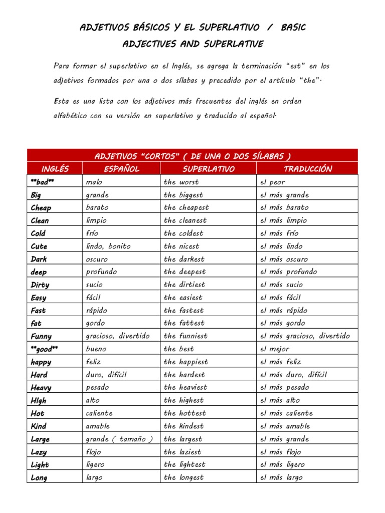 Adjetivos Basicos en Superlativo | Linguistics | Grammar