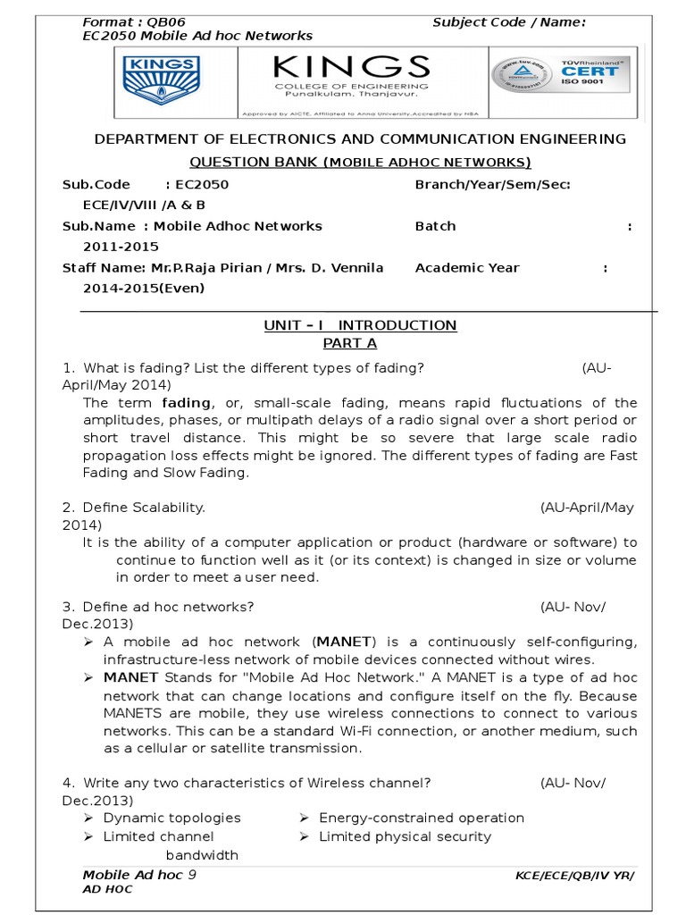 Adhoc Question Bank EC2050 | PDF | Wireless Ad Hoc Network | Routing