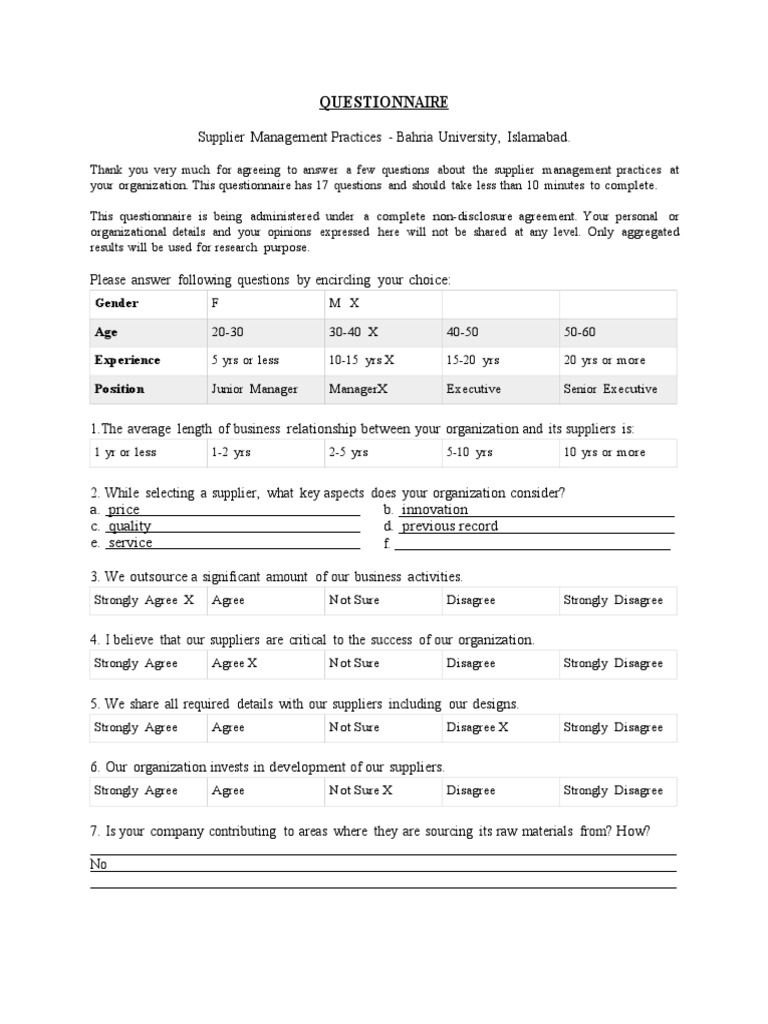 Supplier Management Practices (Questionnaire) | PDF | Supply Chain ...
