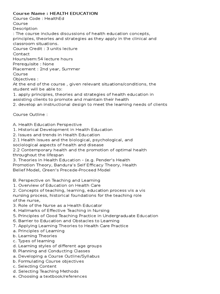 Health Education Course | PDF | Health Education | Nursing